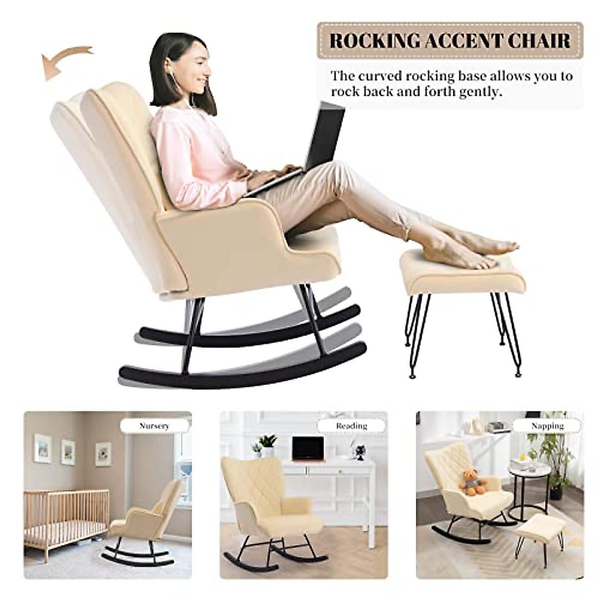 Ailisforest Modern Rocking Chair Nursery, Upholstered Nursery Glider Rocker for Mom and Baby, Nursery Glider & Ottoman Sets with Glider Chair for Living Room/Bedroom-Beige