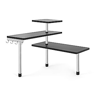 Venloup Upgraded 3 Tier Corner Shelf, Adjustable Bamboo Storage Spice Rack with Hooks, Freestanding Space Saving Counter Display Shelf for Kitchen, Office and Bedroom Adjustable (Black)