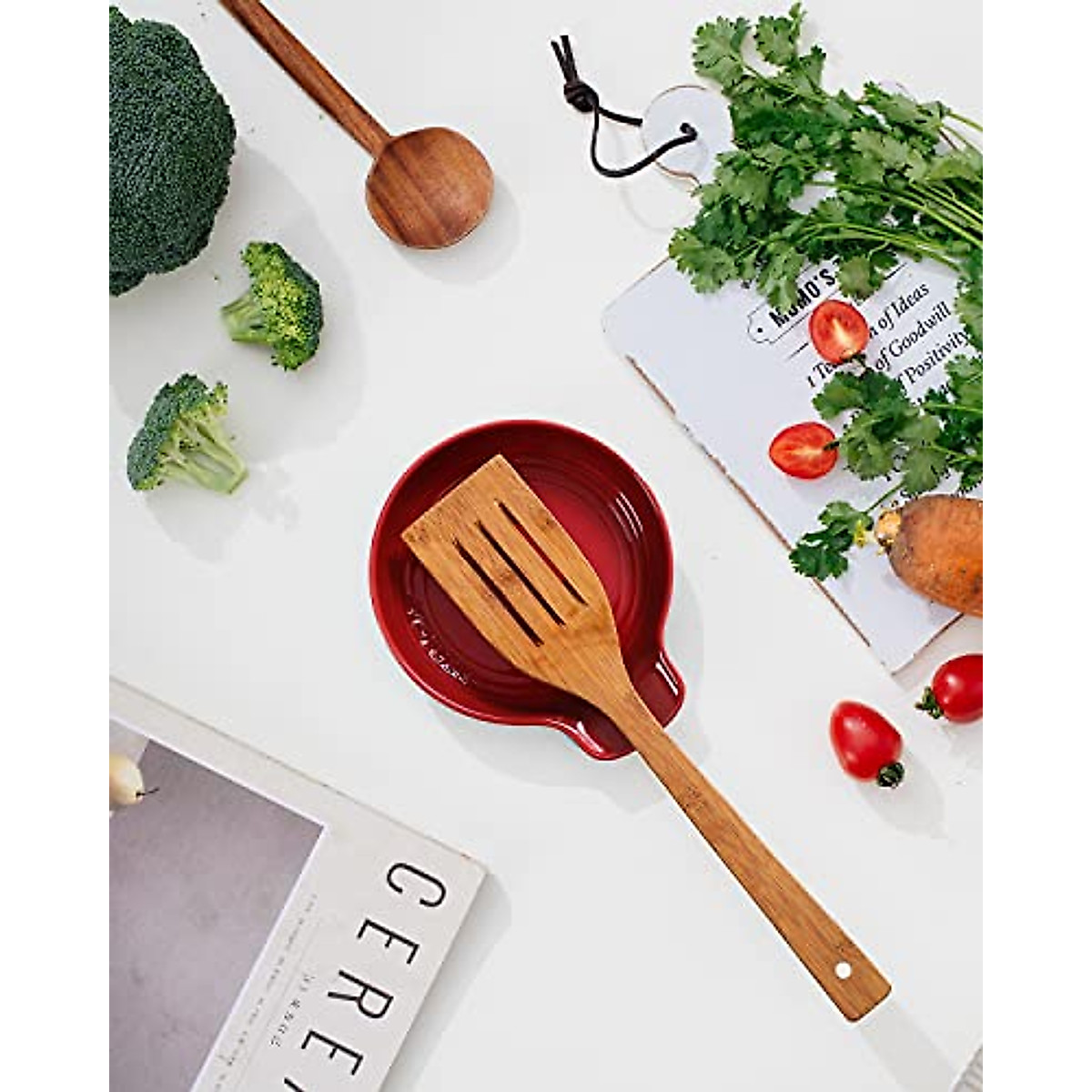 Yoeuen Ceramic Spoon Rest for StoveTop, Heat-Resistant Spoon Holder for Kitchen Counter, Large Utensil Rest for Spatula, Spoons or Tongs, Red 1pcs