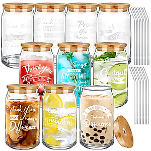 Hsei 10 Pieces Thank You Gifts Bulk Inspirational Employee 16oz Glass Cups with Lids and Straws Funny Drinking Can Shaped Glass Cups Tumbler for Employee Coworker Friends Teacher Beer Wine Iced Coffee