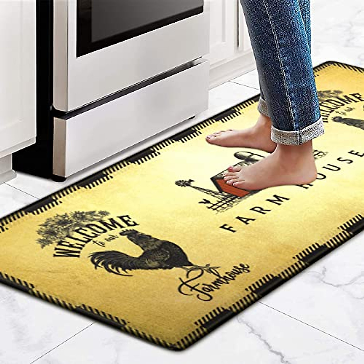 Kitchen Mat Set of 2 Farmhouse Anti Fatigue Floor Mat,Rooster Buffalo Plaid Sunflowers Kitchen Rug Sets PVC Leather Waterproof & Non-Slip Comfort Standing Mats for Kitchen,Sink,Office,Laundry