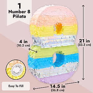 BLUE PANDA Large Number 8 Pinata for 8th Birthday Party Decorations, Rainbow Pastel (21 x 14.5 x 4 In)