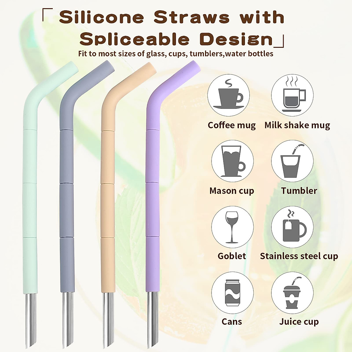 Reusable Silicone Drinking Straws 4PCS Splicable Straws with Travel Case Cleaning Brush -Silicone Straws Length Adjustable Drinking for 20/30/32oz Tumblers(0.2'' diameter)