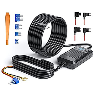 Dash Cam Hardwire Kit V3F, E-YEEGER Type-C Hardwire Kit for Car Dash Camera, 11.5ft, Converts 12V 24V to 5V/2.5A Adjustable Low Voltage Protection, Include 4 Fuse Taps, Enable 24H Parking Monitoring
