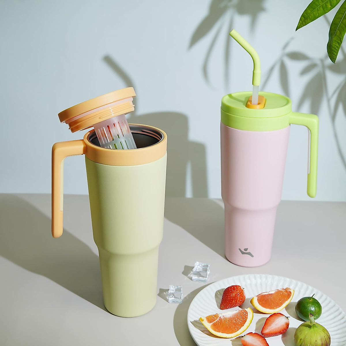 Konokyo Insulated Tumbler with Handle and Straw,40 OZ Vacuum Stainless Steel Water Bottle Travel Mug Metal Cup with Fruit Diffuser,Cherry