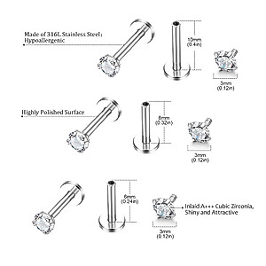 Helicopchain 20Pcs 16G Hypoallergenic Stainless Steel Lip Studs Labret Piercing With 3mm CZ Cartilage Tragus Helix Monroe Piercing Stud Jewelry 6mm 8mm 10mm