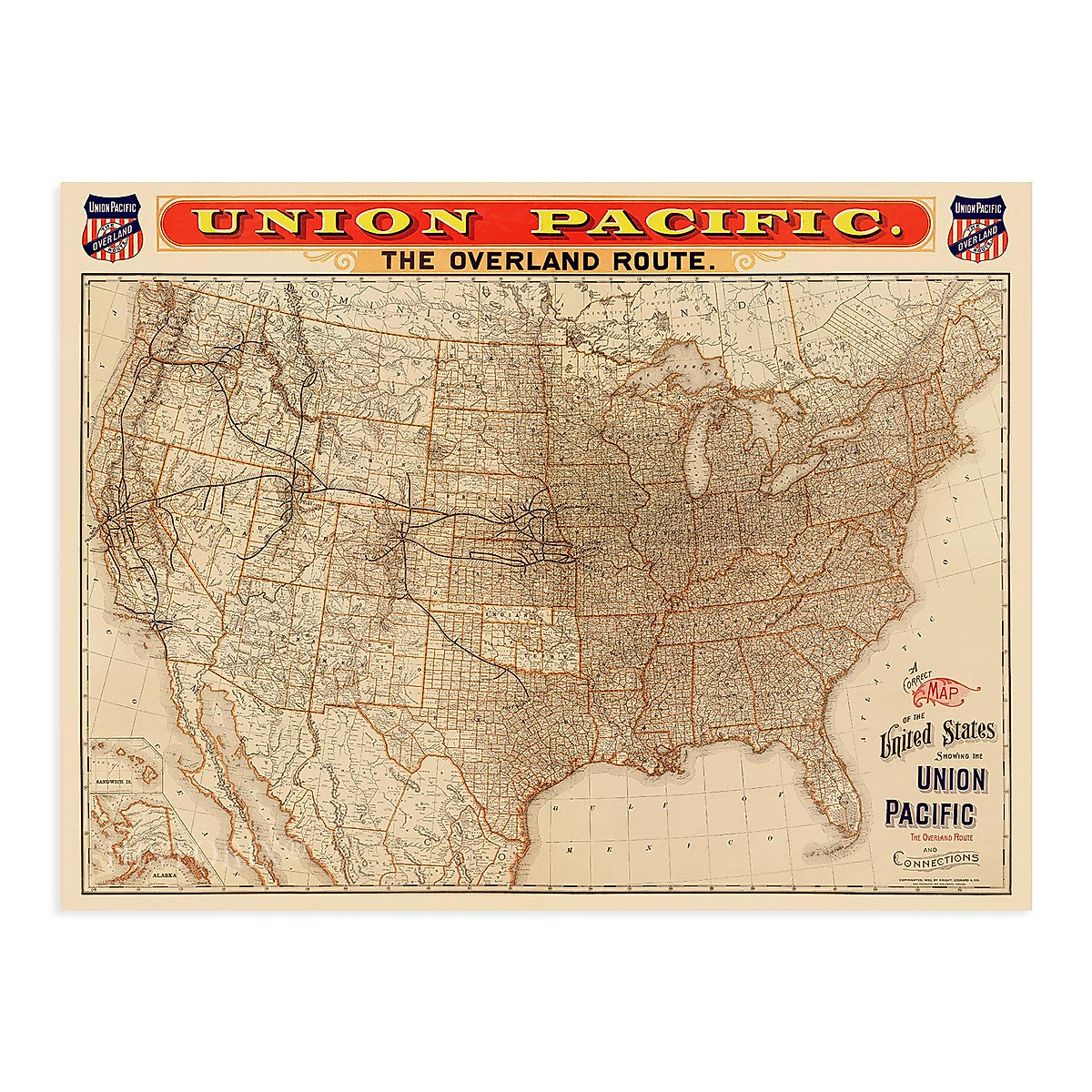HISTORIX Vintage 1892 United States Map - 18x24 Inch Vintage Map of United States Wall Art - Old Wall Map of The United States of America Showing Union Pacific Overland Route and Connections