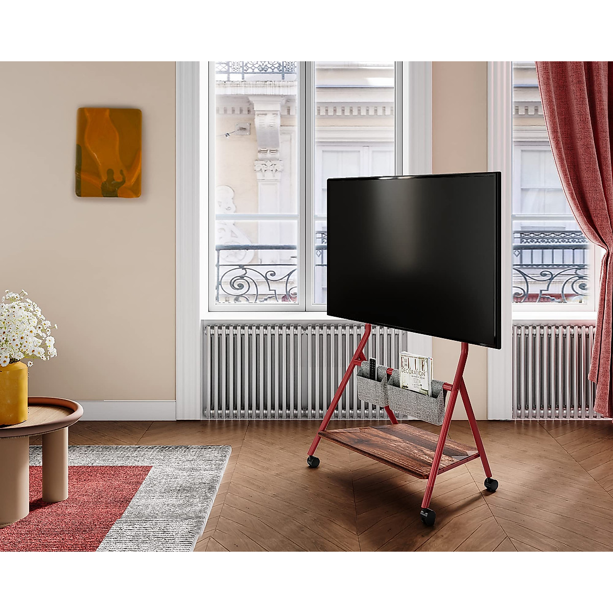 FITUEYES Design Mobile TV Stand for 55 60 65 75 78 Inch TV, TV Cart Floor Stand with Mount for LCD/LED Flat Curved Screens, Modern Corner TV Stand with Wooden Storage Shelves, Collector Series