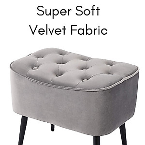 BIRDROCK HOME Tufted Curve Grey Ottoman – Velvet Foot Stool – Mid Century Modern Steel Legs - Soft Compact Padded Stool - Living Room or Bedroom – Vanity Chair - Decorative Furniture