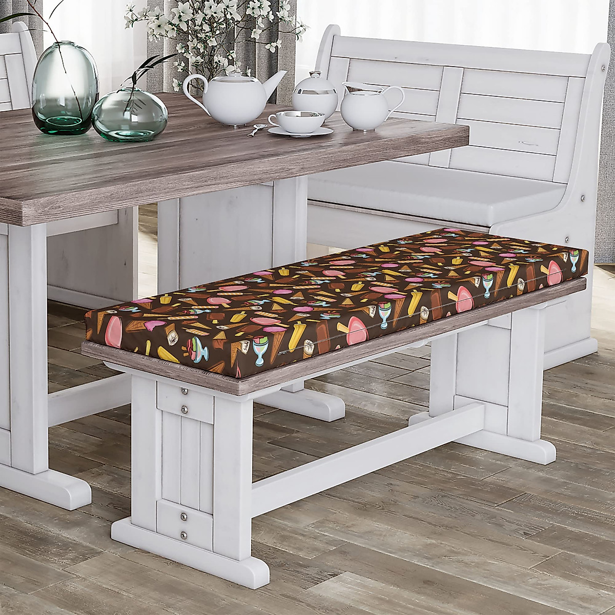 Lunarable Ice Cream Bench Pad, Yummy Summer Desserts Fruity Toppings Chocolate Flavor Sundae Ice Lolly Cartoon, Standard Size HR Foam Cushion with Decorative Fabric Cover, 45" x 15" x 2", Multicolor