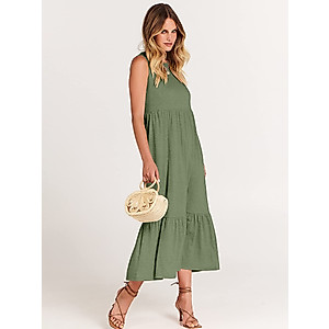 ANRABESS Women Summer Casual Sleeveless Crewneck Sundress Aline Flowy Tiered Maxi Long Beach Dress Vacation Outfits Large Green