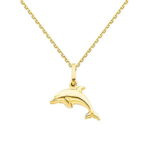 The World Jewelry Center 14k REAL Yellow Gold Dolphin Pendant with 0.9mm Cable Chain Necklace - 16"