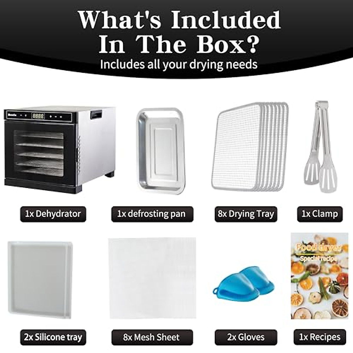 Mreelia Food Dehydrator, 8 Stainless Steel Trays, Dryer for Jerky, Dog Treats, Herb, Meat, Beef, Fruit | Keep Warm Function, 48H Digital Timer and 176°F Temperature Control, UL certification report