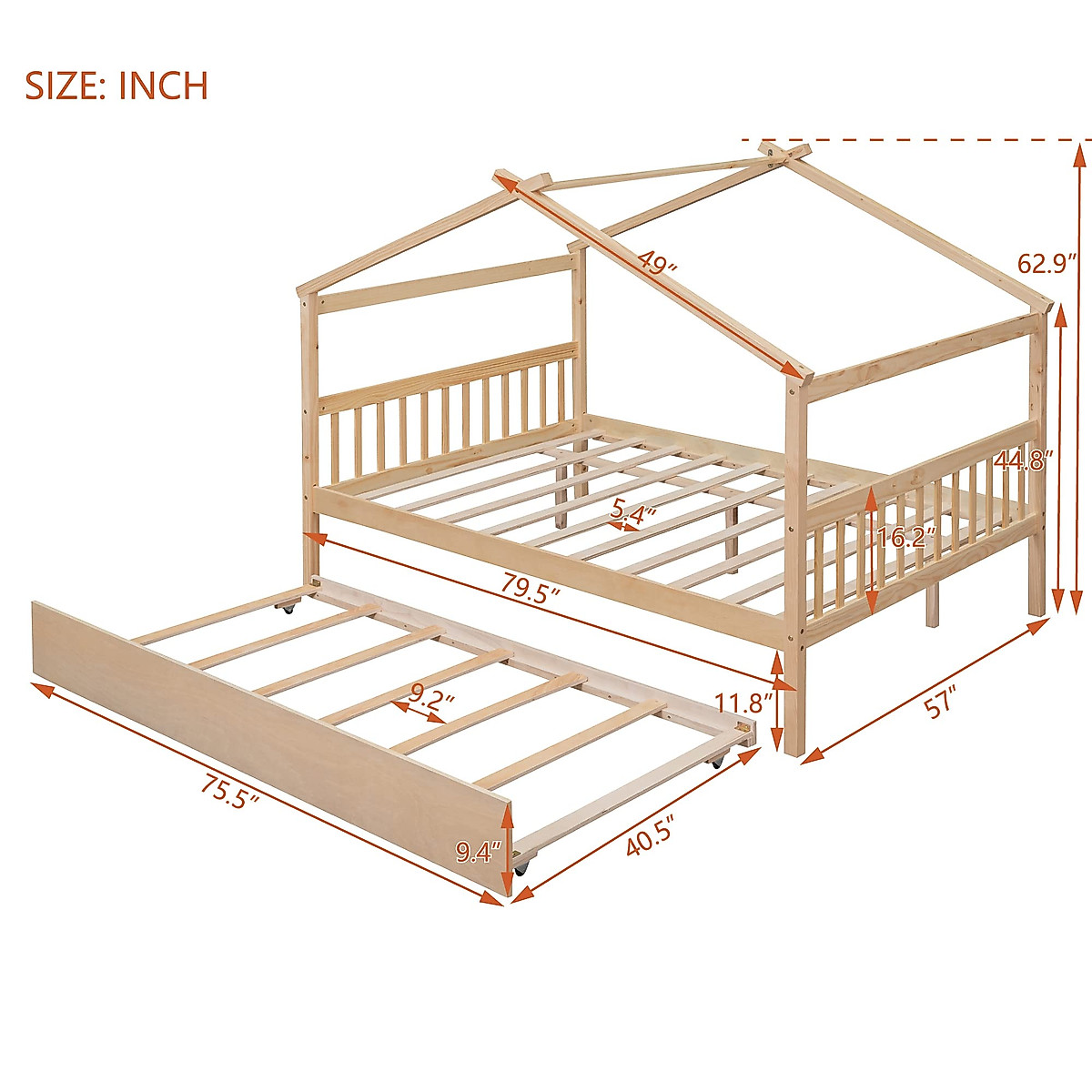 Quarte Full Size Wooden House Bed with Twin Size Trundle,Wooden Daybed Tent Bed for Kids Boys Girls Bedroom,Can be Decorated (Natural/House6)
