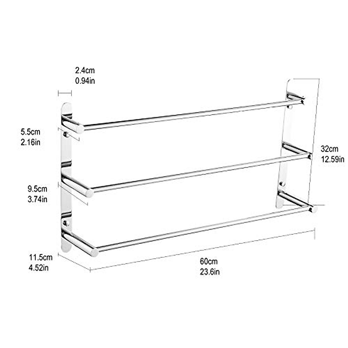 Parzune Three Stagger Layers 23.62 inch Towel Bars Bathroom Accessories Bright Polished 60CM Towel Rack