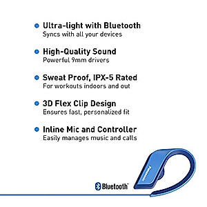 PANASONIC Wings Sport Headphones are Ultra-Light Wireless Bluetooth Sport Earbud 3D Flex Sport Clips with Microphone and Call/Volume Controller, IPX5 Rated Water-Resistant - RP-BTS35-A (Blue)