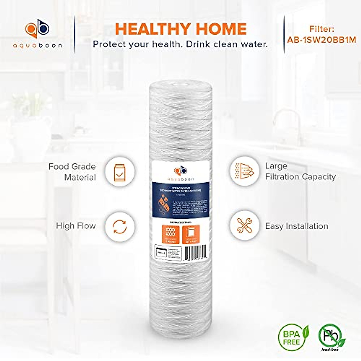 Aquaboon 1 Micron 20" x 4.5" String Wound Sediment Water Filter Cartridge | Whole House Sediment Filtration | Compatible with PC40-20, WP1BB20P, 355222-45, WPP-45200-01, WPP-45200-01, 84650, 10-Pack