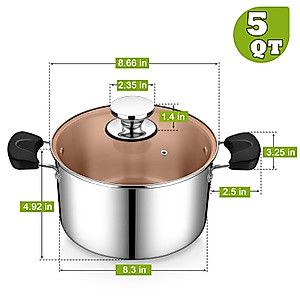 5 Qt Stainless Steel Pot with Lid, P&P CHEF 3-Ply Stock Pot for Cooking Pasta & Stewing Soup, Fits Multi Stoves, Heat-proof Handle & Clear Lid, Heavy Duty & Dishwasher Safe
