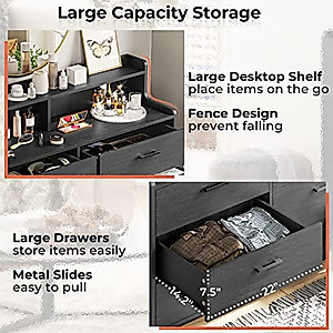 Hasuit 6 Drawers Double Dresser with Shelves, Large Wooden Storage Tower Organizer, Wide Chest of Drawers, Black Dresser for Bedroom, Living Room, Entryway