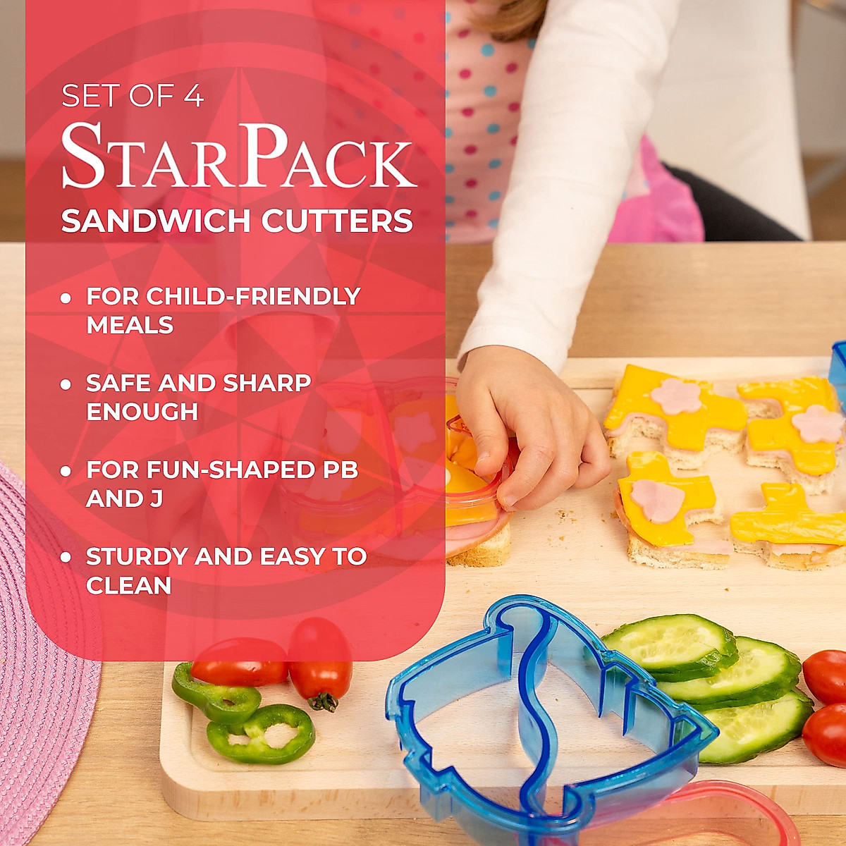 StarPack Sandwich Cutters for Kids - Includes 4 Sandwich Cutters - Each Bread Cutter & Sandwich Cutter for Kids Varies in Cute Color & Shape - Easy Crust Cutter Sandwich Fun for Bento Lunch Box