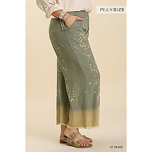 Umgee Linen Blend Bleach Dip Dye Elastic Waistband Wide Leg Pants with Pockets and Frayed Edged Hem