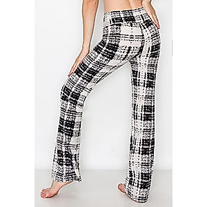 ALWAYS High Waist Flare Pants - Buttery Soft Bootcut Leggings Palazzo Black and White Plaid 2942 XL