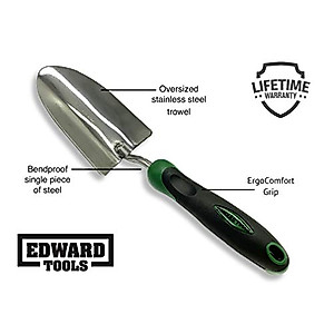 Edward Tools Bend-Proof Garden Trowel - Heavy Duty Polished Stainless Steel - Rust Resistant Oversized Garden Hand Shovel for Quicker Work - Digs Through Rocky/Heavy soils - Comfort Grip (1)