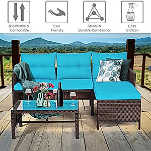 LDAILY 3 Pieces Patio Outdoor Furniture Sofa Set, Lounge Chaise with Cushions, Waterproof Tight Weaving Rattan, Conversation Set, Ideal for Garden, Pool, Patio