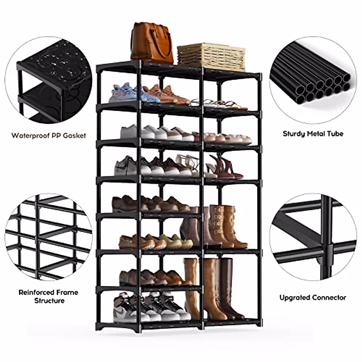 VTRIN Shoe Rack with Covers Shoe and Boot Storage Cabinet 8 Tier 28-35 Pairs Shoe Rack Organizer for Entryway Closet Garage Heavy Duty Free Standing Black Metal Shoe Shelf