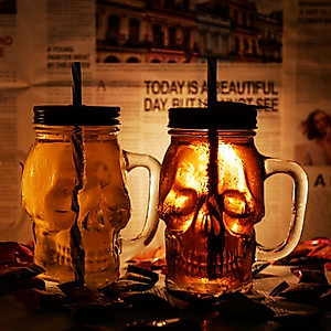 GXFCCYXT 16oz Skull Mason Jar Glass Cup - Set of 4, with Handle & Striped Straws & Black Lids, for Cold & Hot Drinks, Cute Reusable Beer Bottle, Iced Coffee Glasses, Party Juice Glass Cup