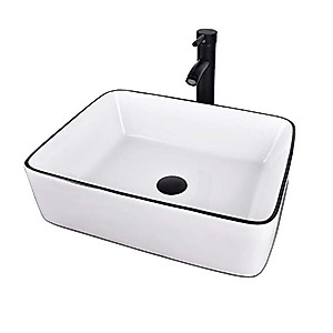 White Ceramic Bathroom Sink, 19" x 15" Above Counter Porcelain Vessel Sink with Black Faucet and Pop up drain Combo, Rectangle