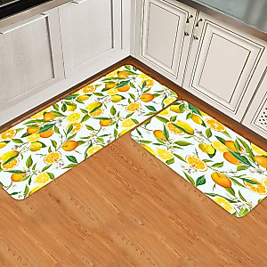 Lemon Kitchen Mats and Rugs Set of 2, Washable Absorbent Fruit Kitchen Runner Rug Carpet Leomon Kitchen Decor and Accessories Anti-Fatigue Comfort Mat for Kitchen Bathroom Laundry