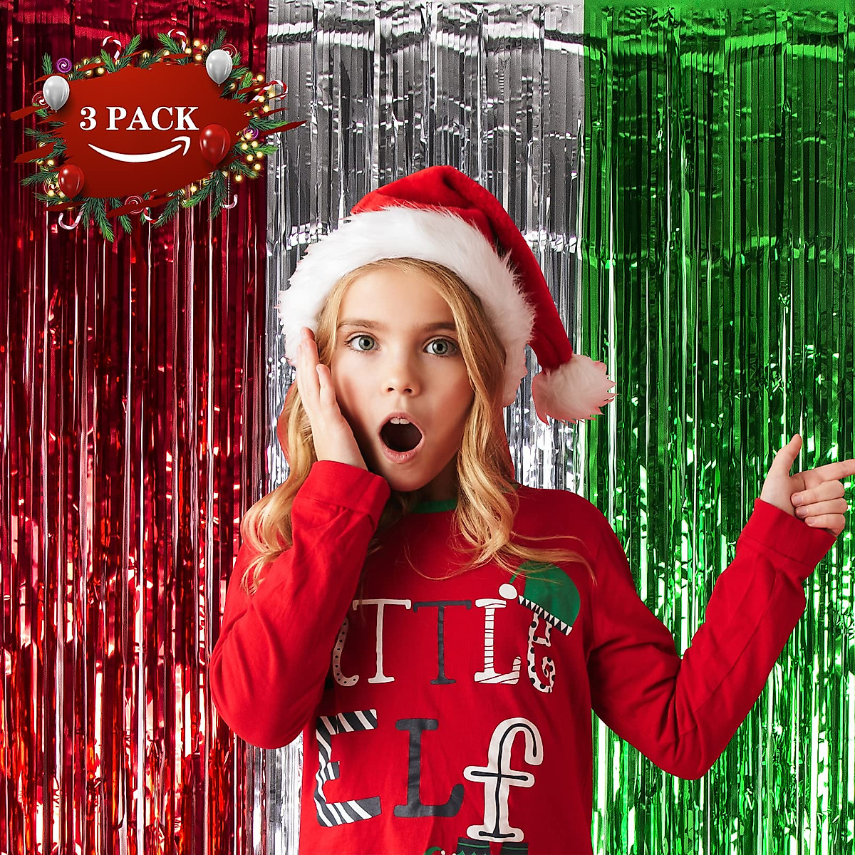 LOLStar 3 Pack Christmas Foil Fringe Curtains Christmas Party Decoration 3.3 x 6.6 ft Red Silver Green Tinsel Fringe Party Photo Backdrop Streamer Backdrop for Christmas, New Year, Ugly Sweater Party