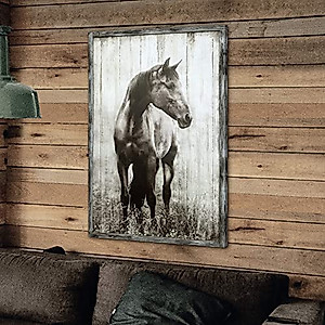 Horse Print Rustic Framed Painting: Gray Wildlife Animal Wooden Wall Art Portrait Picture Decor Artwork for Bedroom Farmhouse 24"x36"
