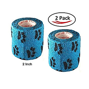 Vet Wrap Wrap Tape (Blue with Paw Prints) (2 Pack) (3 Inch x 15 feet) Self Adhesive Adherent Adhering Cohesive Flex Self Stick Bandage Grip Roll Dog Cat Pet Horse