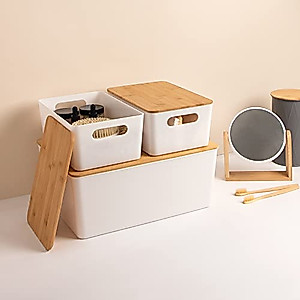 Isaac Jacobs 2-Pack XL White Storage Bin Set w/Cut-Out Handles and Bamboo Lid, Plastic Organizers for Home, Pantry, Kitchen, Closet, Office, Home Décor, BPA Free, Food Safe (Extra-Large, White)