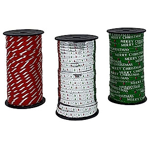 Celebrate A Holiday Christmas Curling Ribbon 3 Pack, Green, Metallic Silver, Red & White Stripes, Christmas Holiday Party Crafts Supplies Decorations - 100 Yards Per Roll - 900 Feet Total Curly Ribbon