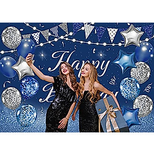 Cenven Navy Blue Happy Birthday Backdrop Silver Glitter Balloons Star Flag Sequins Background Adult Men Women Birthday Party Decoration Cake Table Photo Booth (7x5FT, Blue)