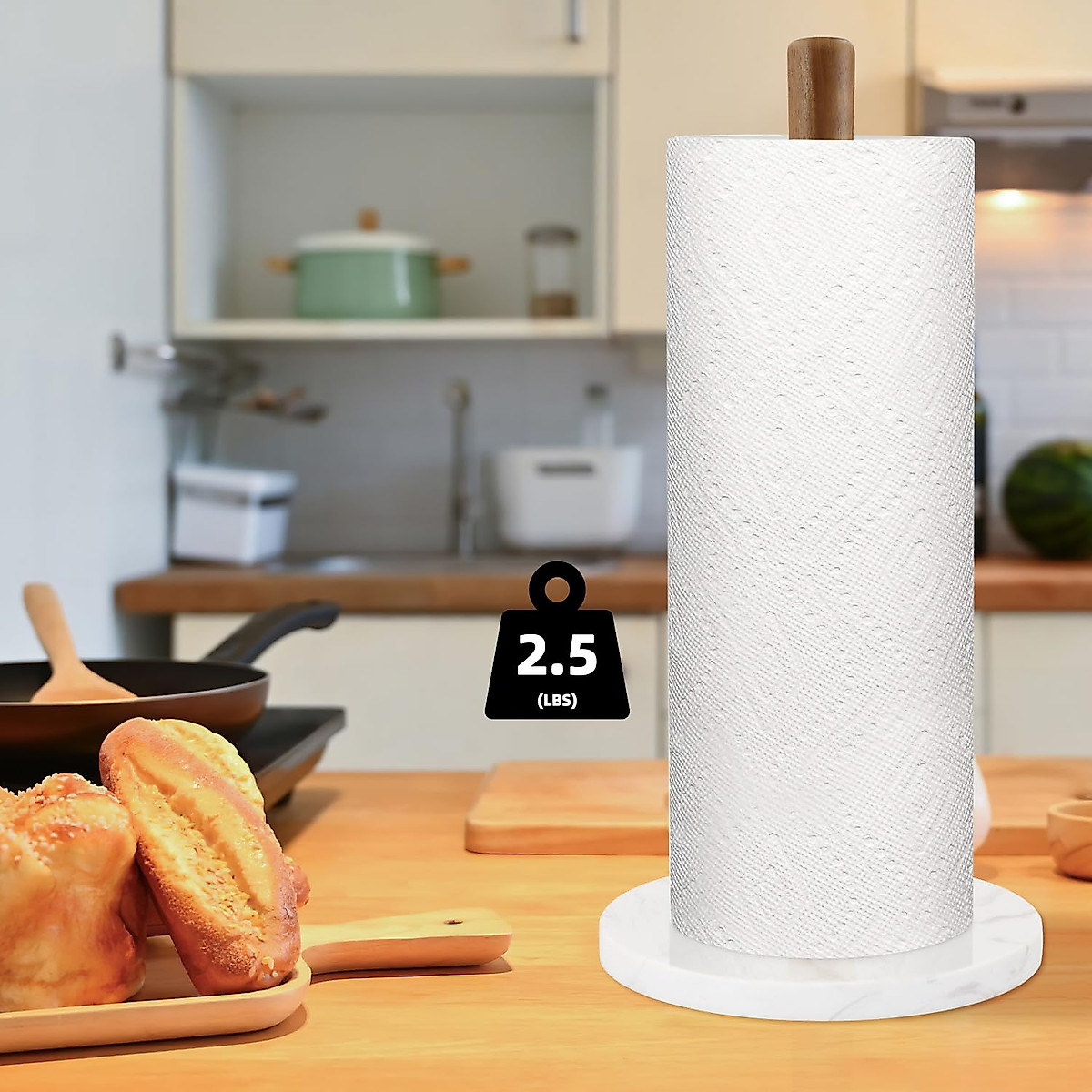 Buruis Wood Paper Towel Holder, Marble Base Modern Decorative Countertop Standing Rolls Holder for Kitchen, Toilet, Pantry and Bathroom (Marble Base White)