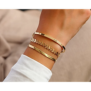 NUZON Gold Snake Chain Bracelet for Women 18K Gold Plated Adjustable 5MM Flat Flexible Herringbone Link Bracelet Charm Minimalist Jewelry