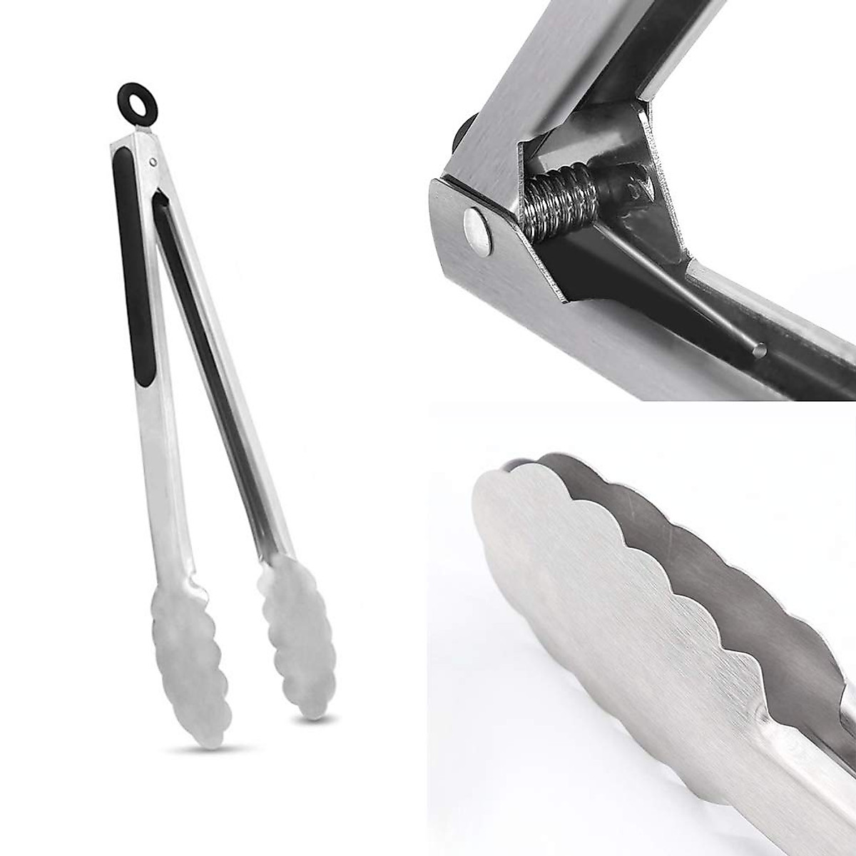 ALLTOP Metal Cooking Tongs,Stainless Steel Food Tong with No-slip Silicon and Locking Ring for Kitchen - 9 &12 inch,Set of 2-Black