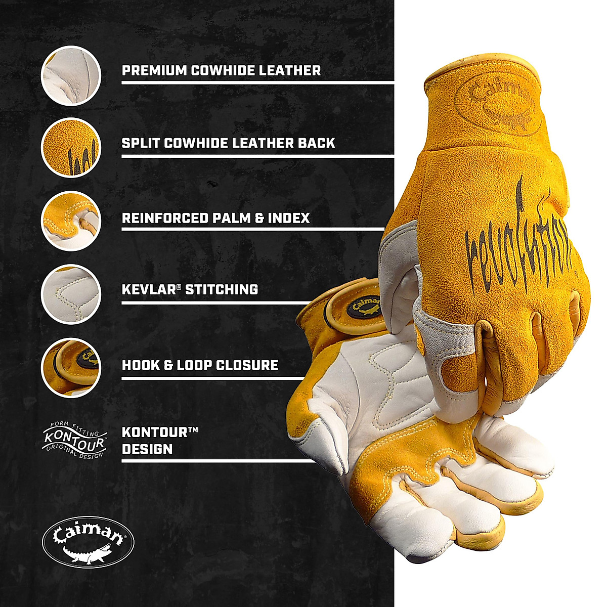 Caiman Genuine Top Cow Grain Leather Velcro� RevolutionTM Gloves (Large/Yellow)