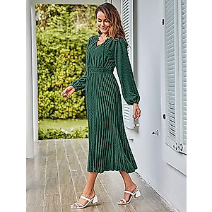 MEROKEETY Womens Elegant Long Lantern Sleeve V Neck Swiss Dot Ruffle Flowy Wedding Guest Dress,DarkGreen,M