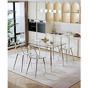 Ufurpie 5 Piece Glass Dining Table Set,47" Kitchen Table and Chairs for 4,Clear Dining Room Table Sets w/Silver Chrome Legs,Modern Dining Room Sets for Home, Kitchen, Dining Room(Silver)