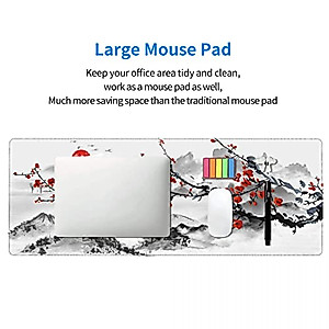 Japanese Sakura Cherry Blossom Mouse Pad XXL Full Desk Mousepad Extended Large Non-Slip Rubber Base Big Keyboard Mat with Stitched Edges for Gaming and Office（31.5 X 11.8 Inch 3mm）
