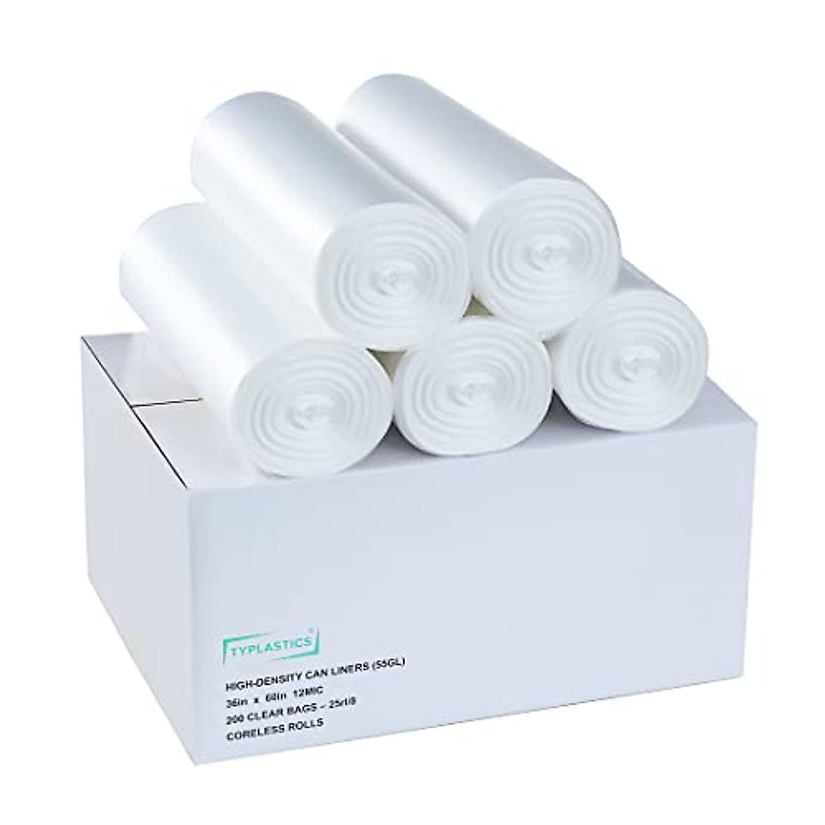 TYPLASTICS 55 Gallon Clear Trash Can Liners - 36" x 60" - HD Garbage Bags - Case of 200
