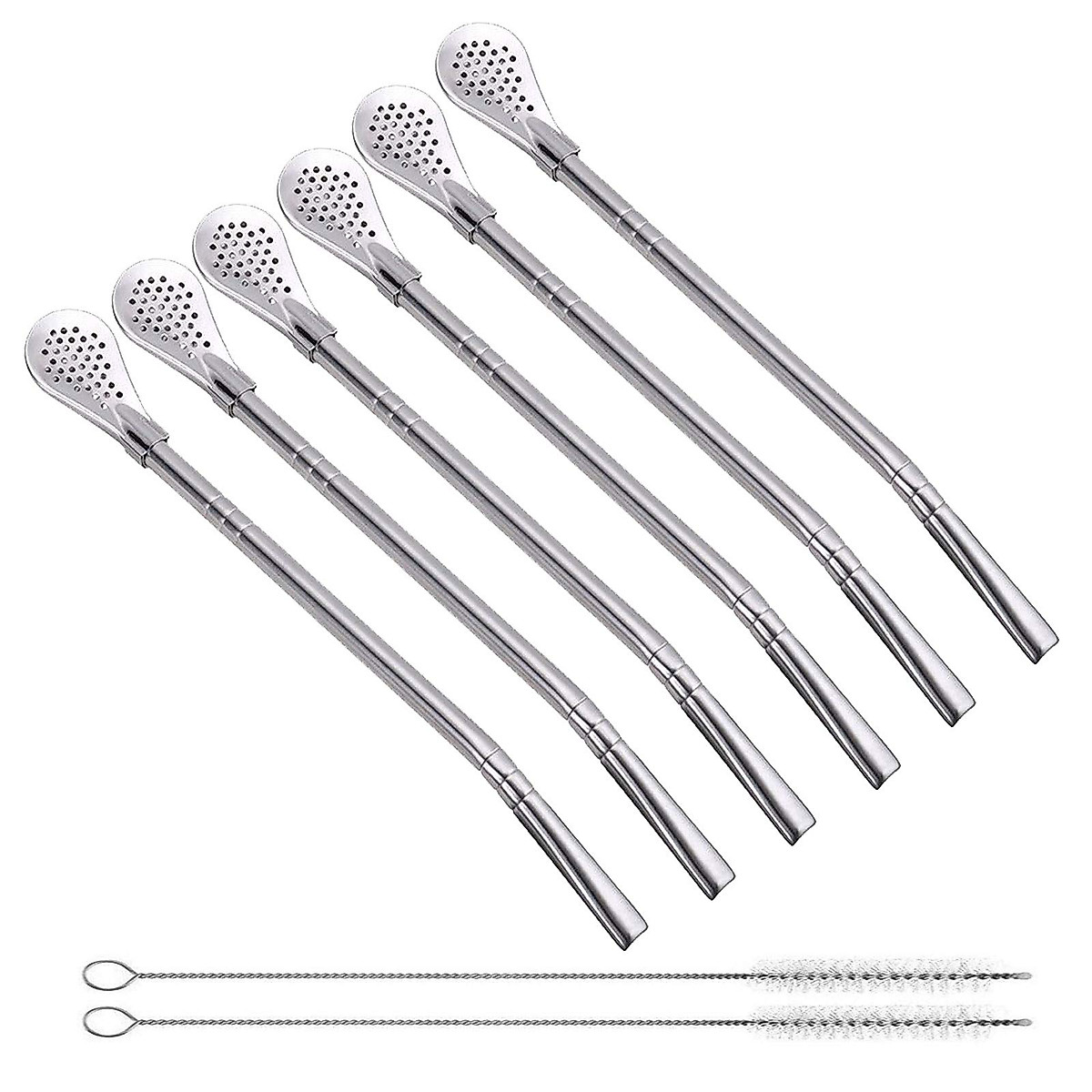 Wenplus 6 Pcs Yerba Mate Bombilla Drinking Filter Straws with 2 Pcs Cleaning Brushes Detachable Stainless Steel Drinking Straws, 7.3 Inch