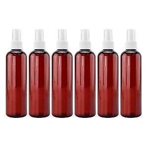 Cornucopia 8oz Amber Brown PLASTIC Spray Bottles with White Fine Mist Atomizers (6-Pack); Brown Plastic Spritzer Bottles
