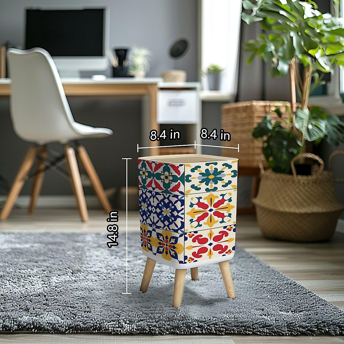 Small Trash Can with Lid Vintage tiles Traditional geometric ornate ceramic tiles seamless Wastebasket with Press Cover Dog Proof Garbage Can Waste Bin for Kitchen Bathroom Nursery 2.6 Gallon