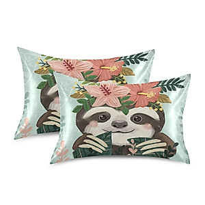 xigua Sloth Satin Pillowcases Breathable Pillow Case for Hair and Skin, NO Zipper Pillow Cover with Envelope Closure for Sofa Bed Couch, Queen Size 20 x 30 Inch